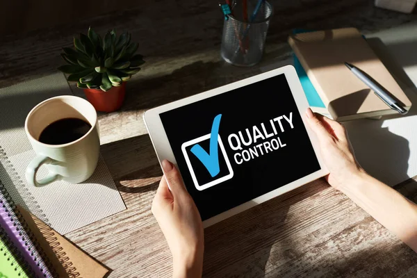 Quality control check box on device screen. Standards and certification ...