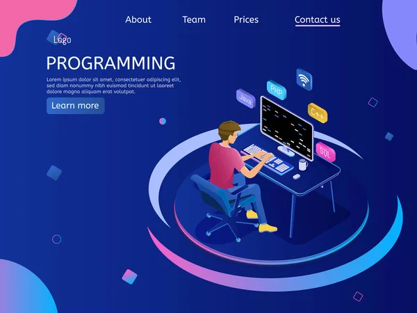 Programmer isometric character. Programming concept, web engineer at ... Programmer isometric character. Programming concept, web engineer at ...
