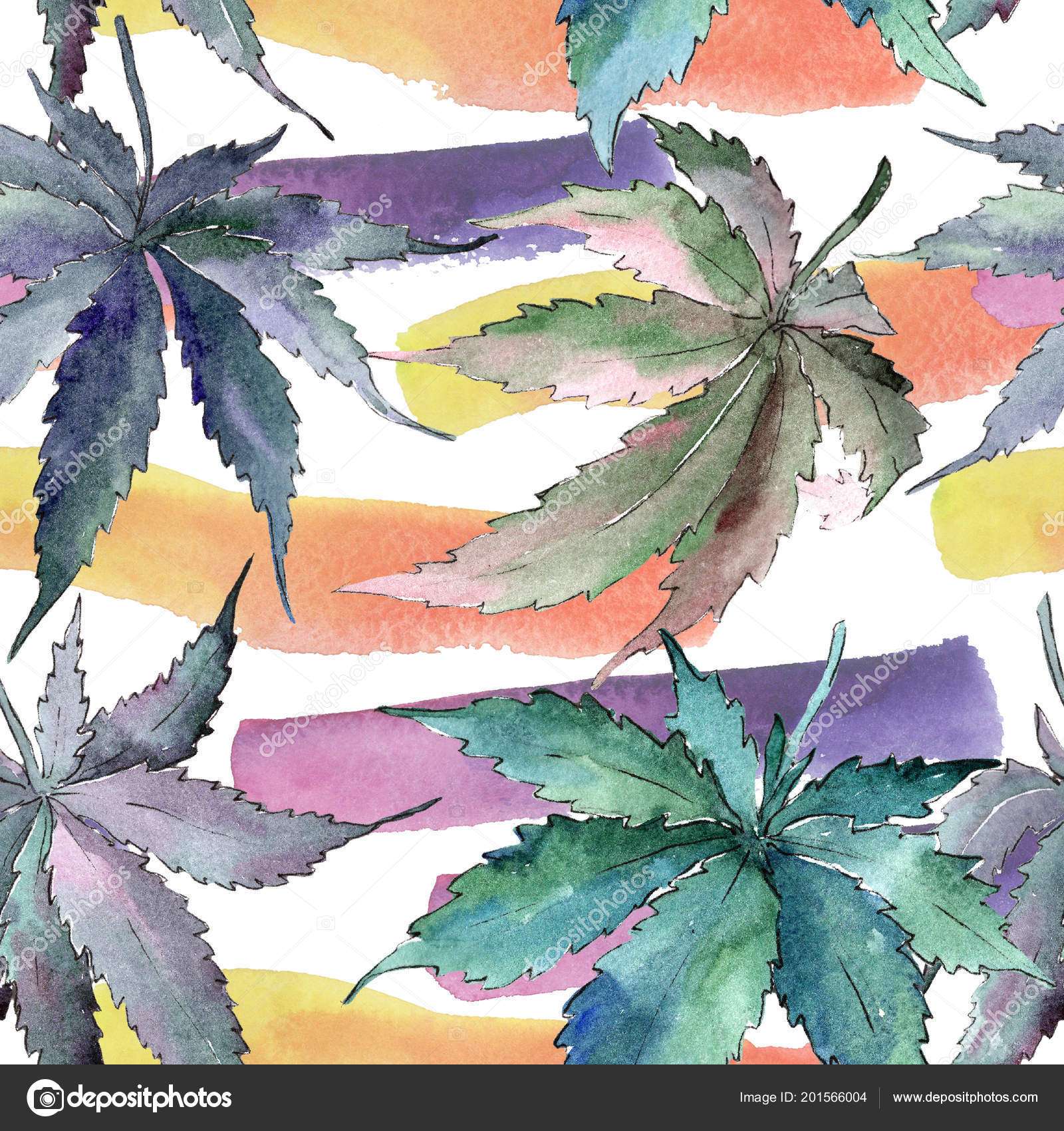 Hoja verde de cannabis. Hoja planta botánica jardín follaje floral. Patrón de fondo sin costuras ...