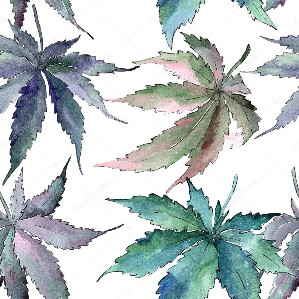 Hoja verde de cannabis. Hoja planta botánica jardín follaje floral. Patrón de fondo sin costuras ...