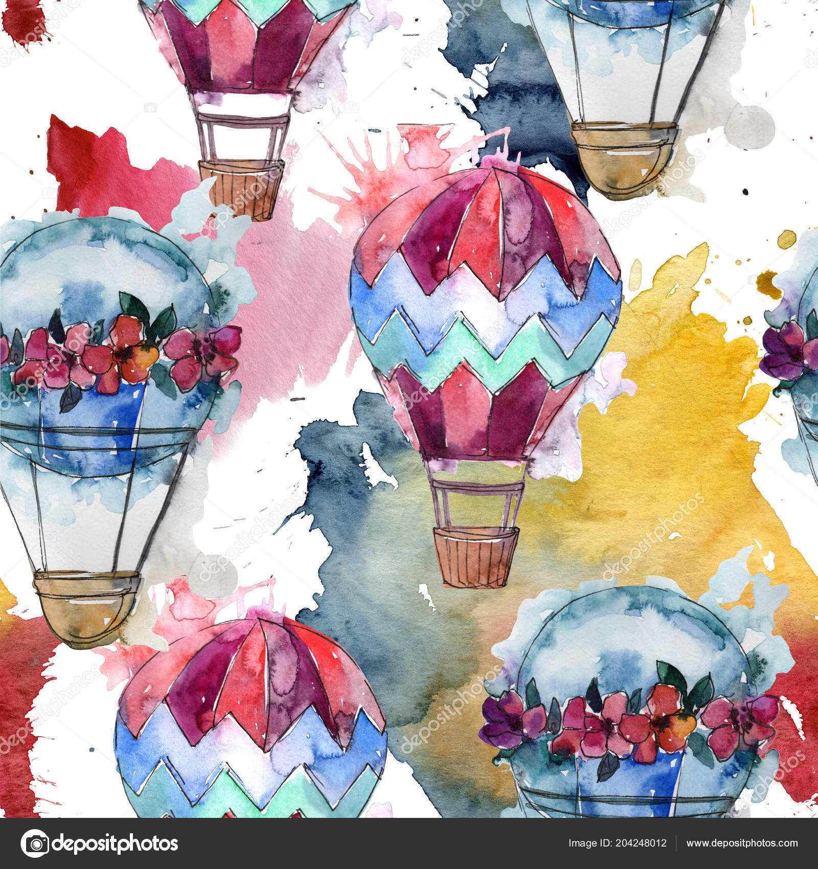 Hot Air Balloons Background Fly Air Transport Illustration Seamless ...