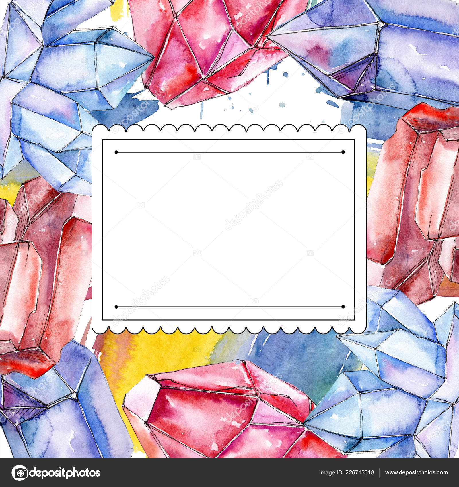 Red and blue diamond crystal mineral. Frame border ornament square ...