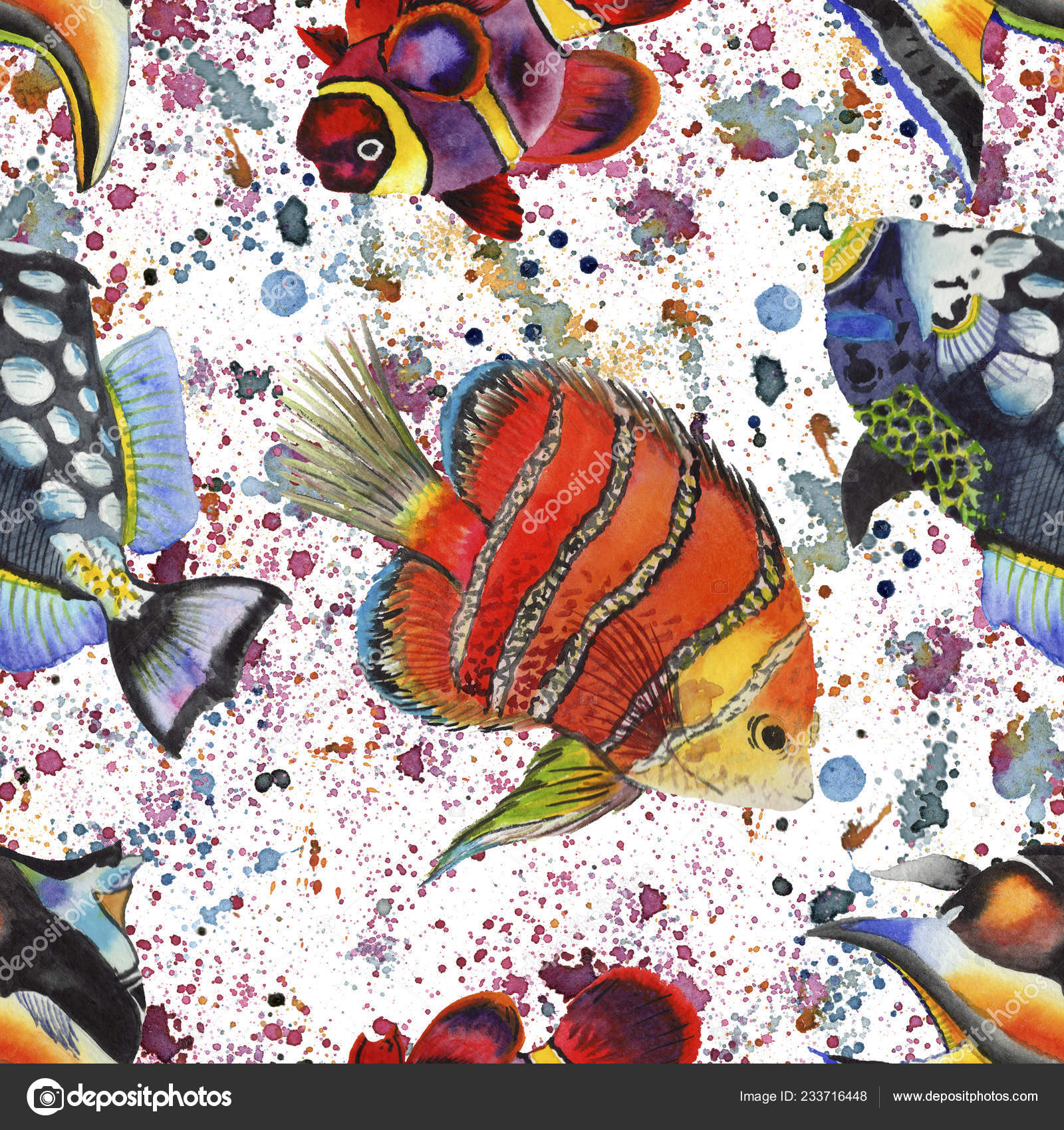 Watercolor aquatic underwater colorful tropical fish illustration set ...