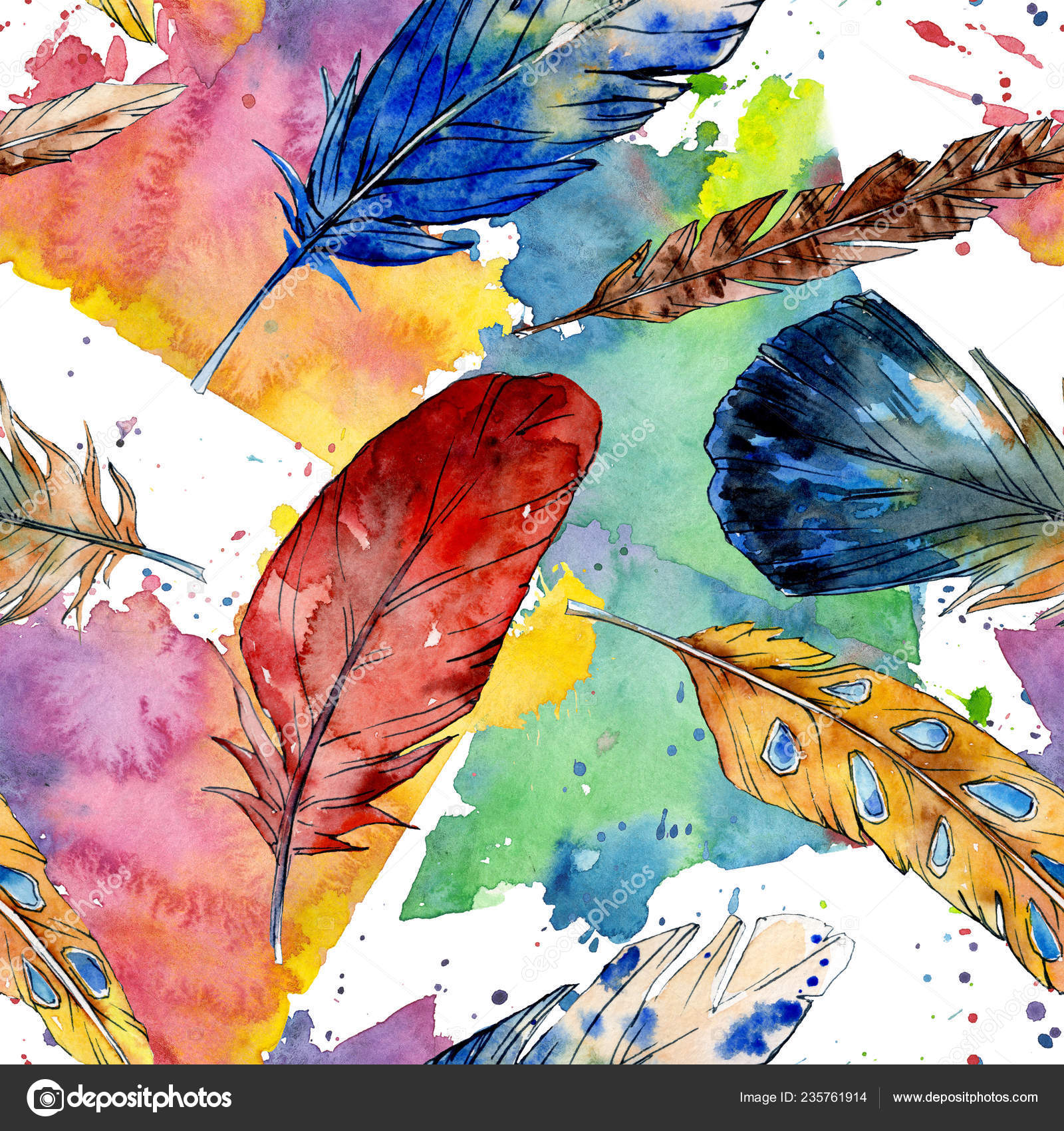 Watercolor bird feather from wing isolated. Seamless background pattern ...