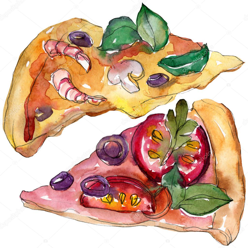 Pizza italiana de comida rápida en un conjunto de estilo acuarela ...