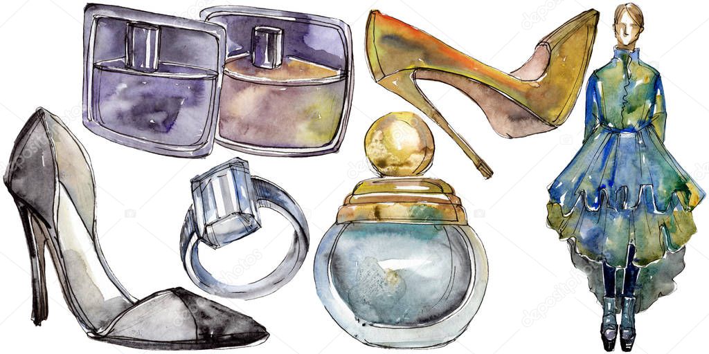 Ilustración de glamour de bosquejo de moda en un elemento aislado estilo acuarela. Conjunto de ...