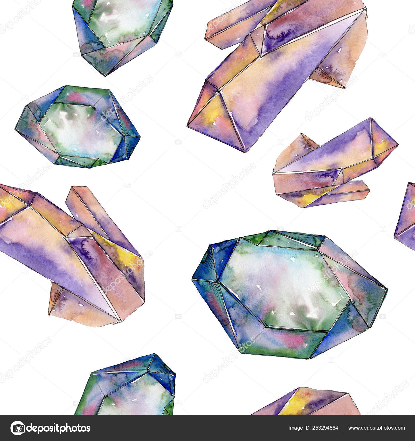 Colorful diamond rock jewelry minerals. Watercolor crystal stone ...