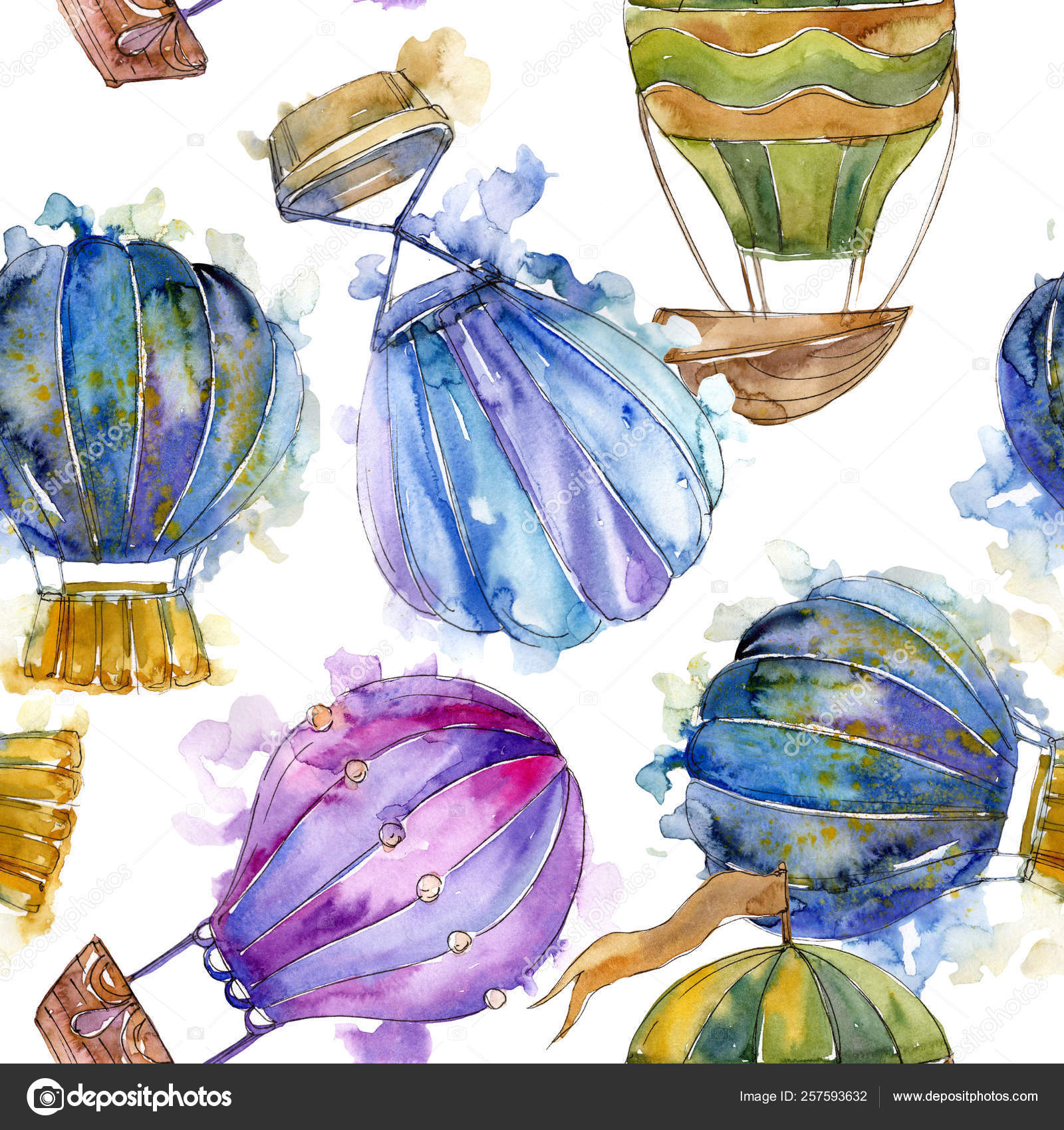 Hot air balloon background fly air transport. Watercolor background set ...