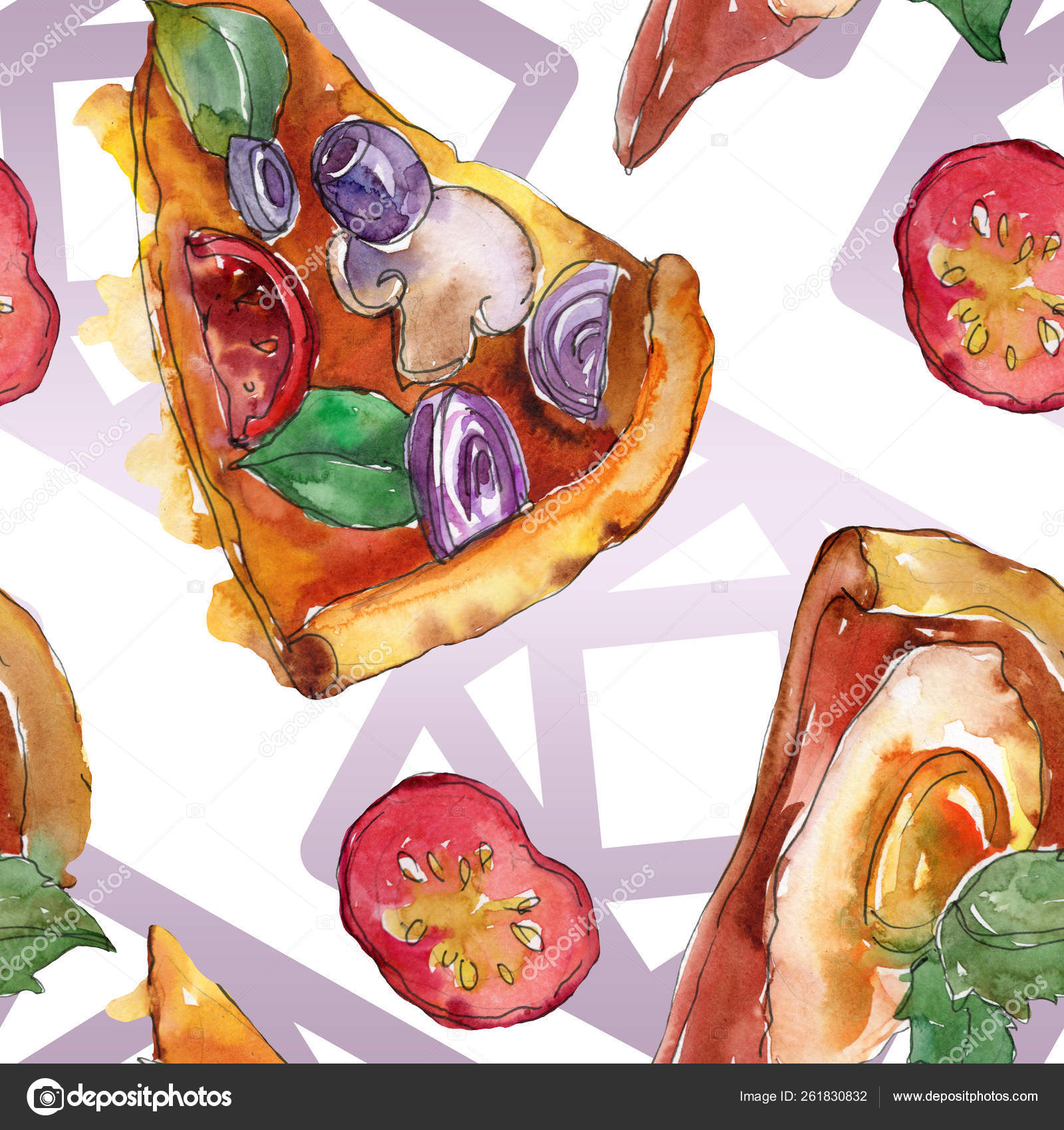 Fast food itallian pizza in a watercolor style isolated set ...