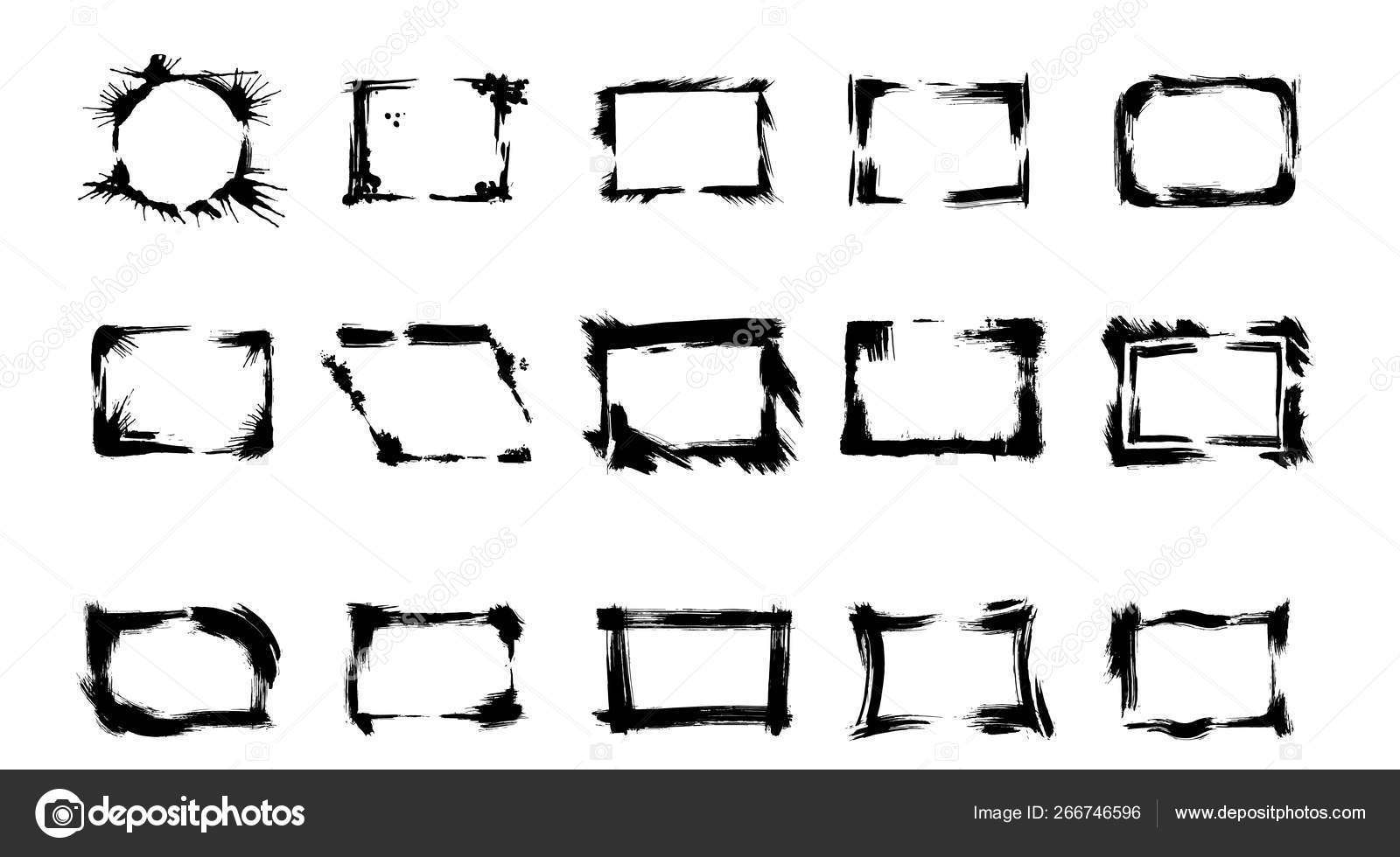 Set of dry brush frames. Black and white engraved ink art. Isolated ...