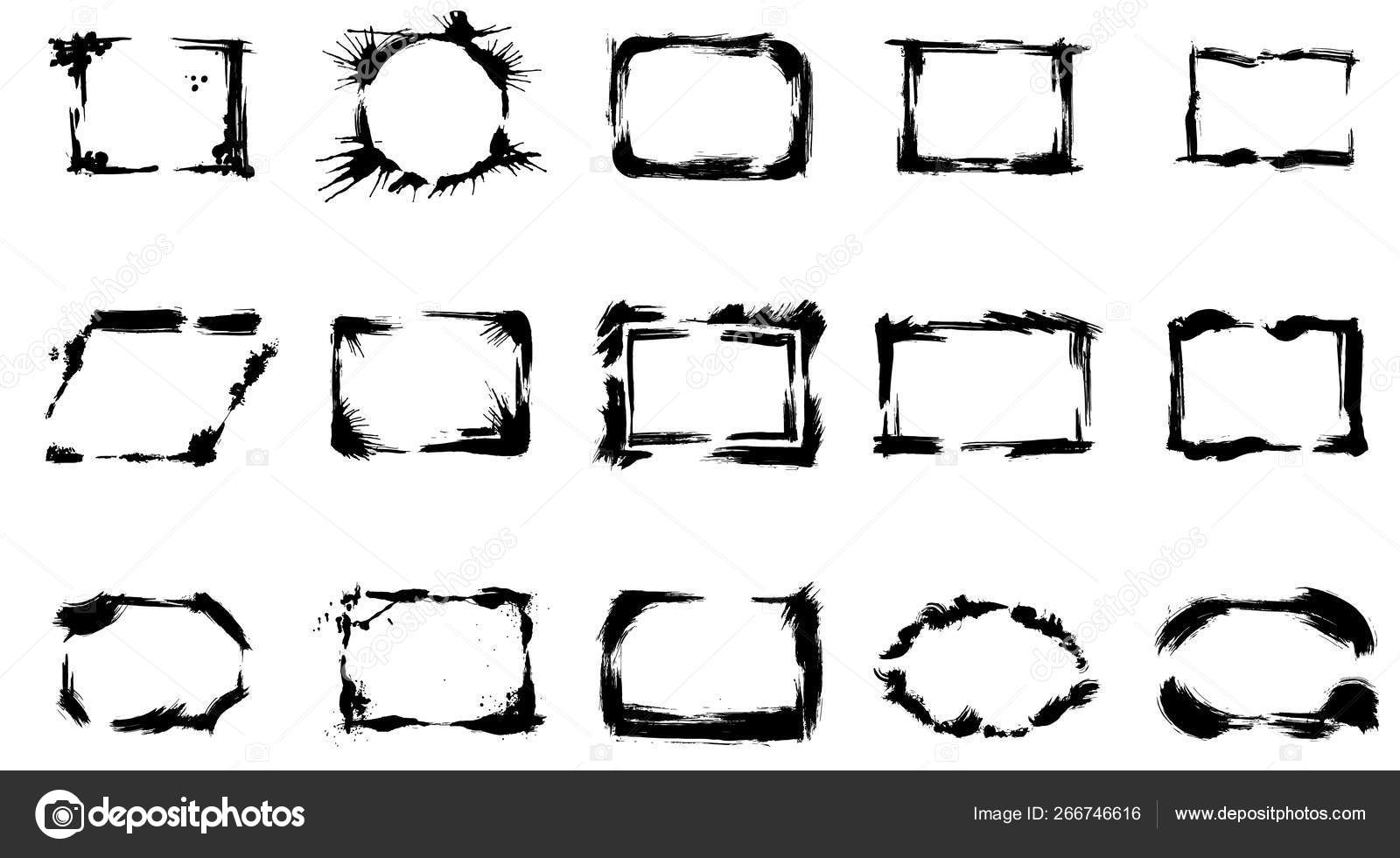 Set of dry brush frames. Black and white engraved ink art. Isolated ...