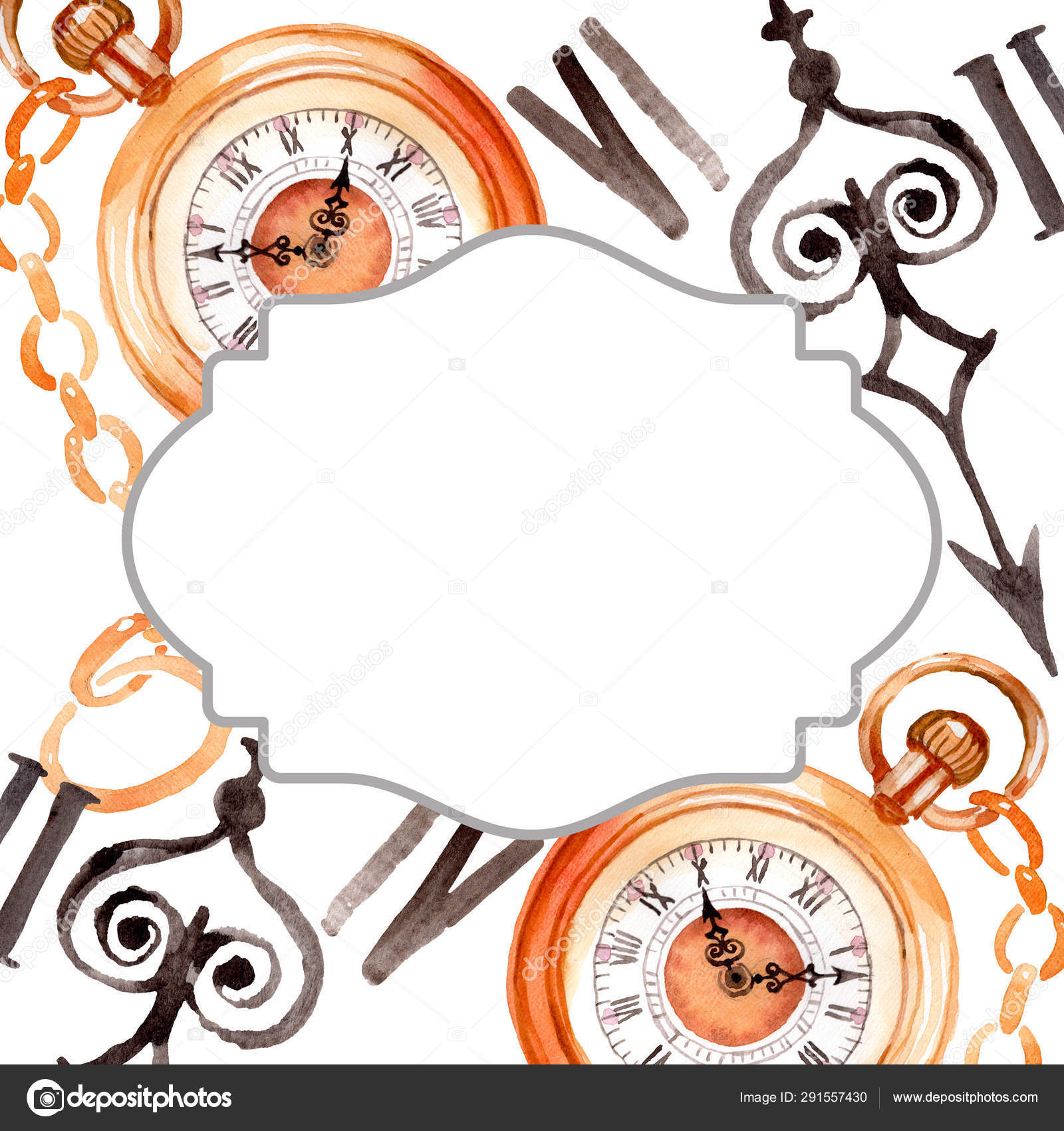 Vintage old clock pocket watch. Watercolor background illustration set ...