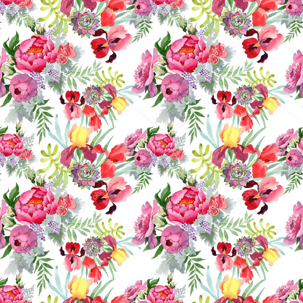 Ramo Peony flores botánicas florales. Conjunto de ilustración de fondo acuarela. Patrón de fondo ...