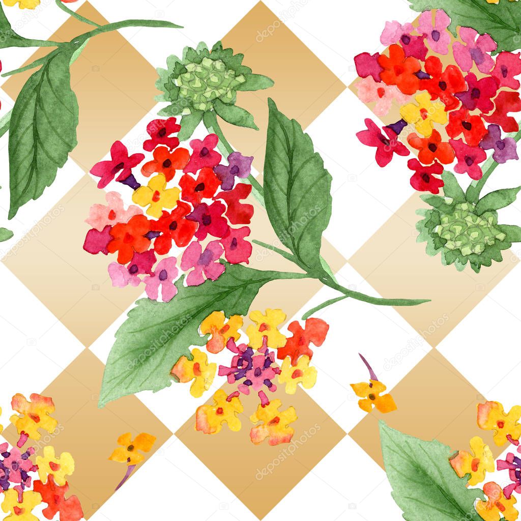 Flores botánicas de lantana roja. Conjunto de ilustración de fondo acuarela. Patrón de fondo sin ...