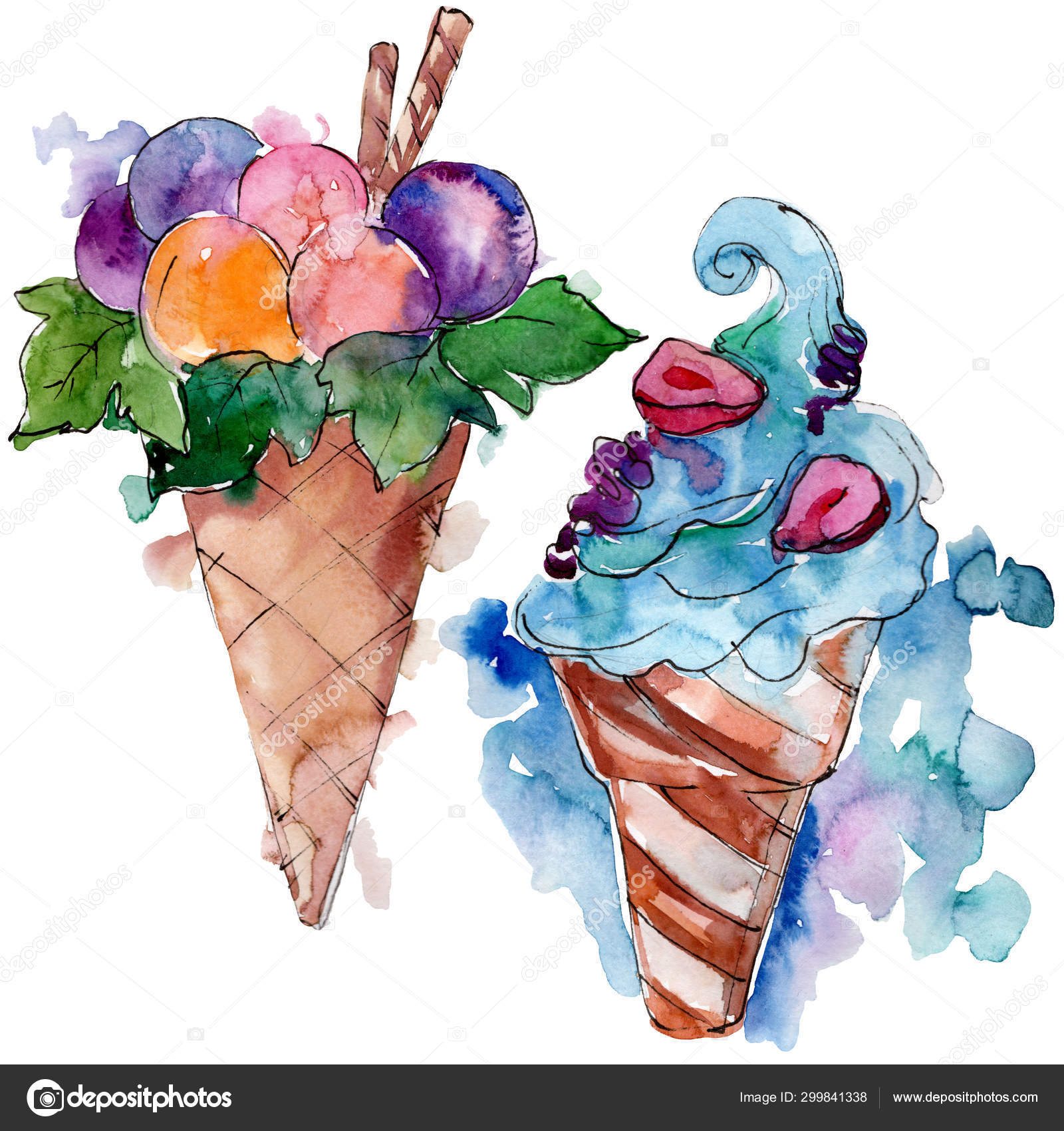 Tasty ice cream cone sweet dessert. Watercolor background illustration ...