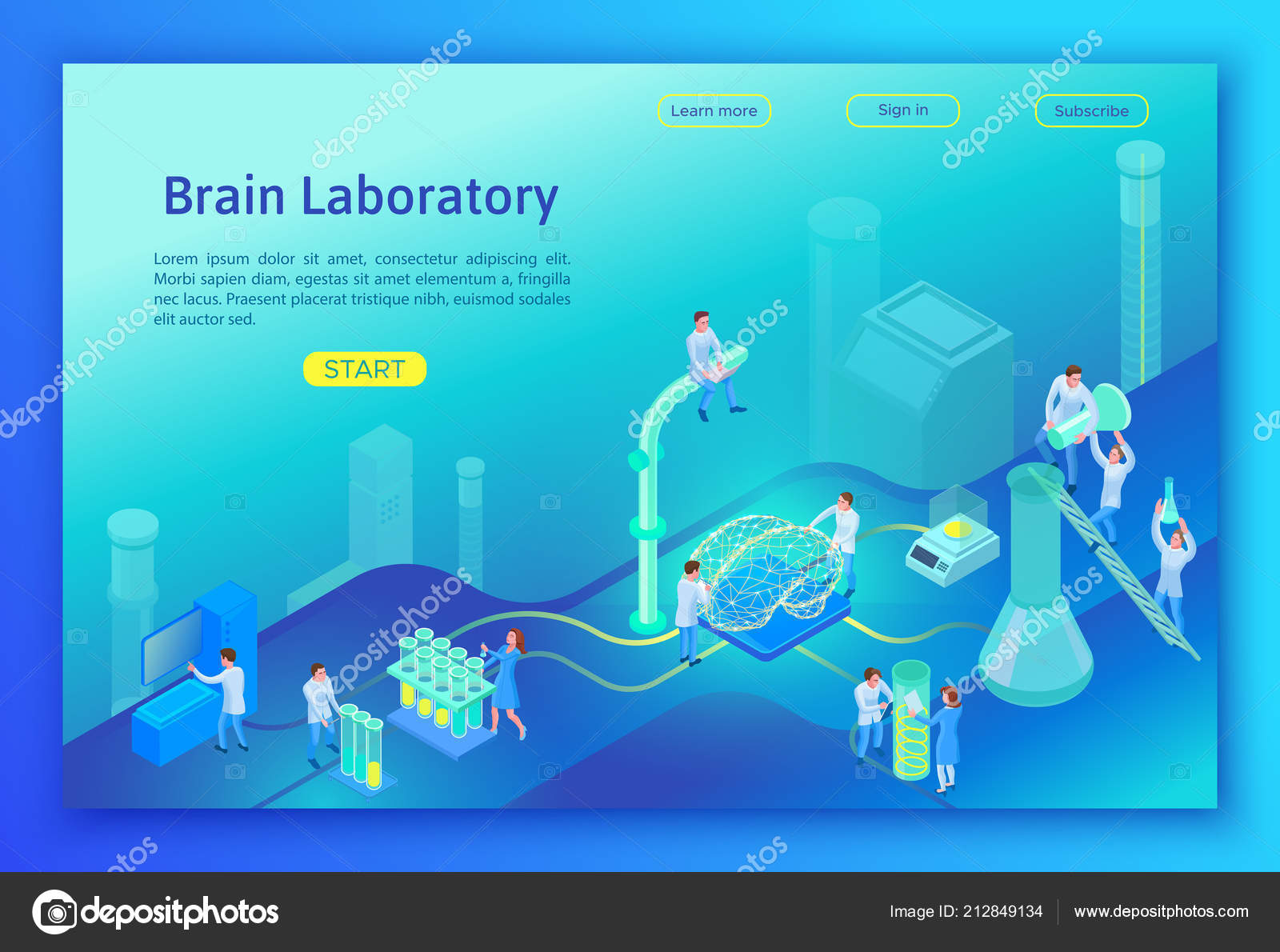 방문 페이지 템플릿 3d 장비 과학 실험 및 분석 현대 연구소 벡터 일러스트 레이 션을 하는 사람들 뇌 아이소메트릭 개념을