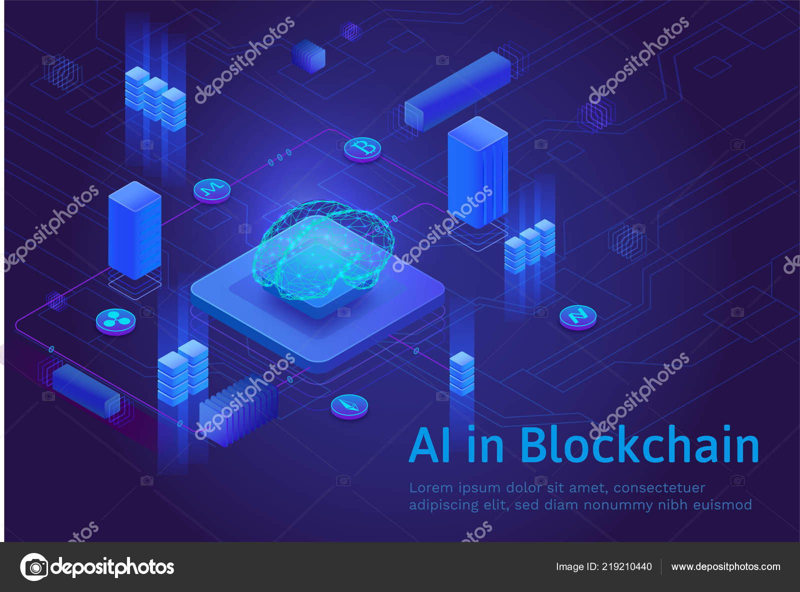 Artificial intelligence in blockchain, isometric 3d landing page with ...
