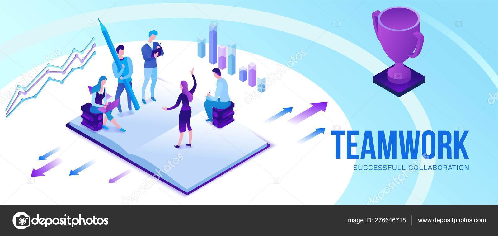 Teamwork 3d isometric illustration, employee win trophy, infographic ...