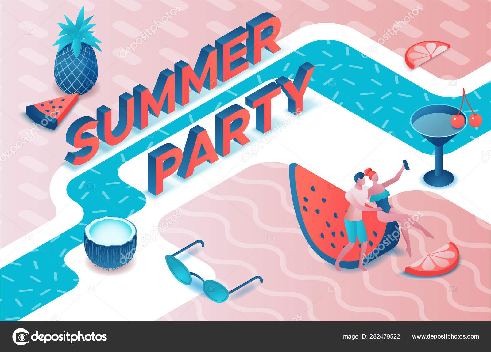 Pool party isometric 3d illustration with cartoon people in swimsuit ...