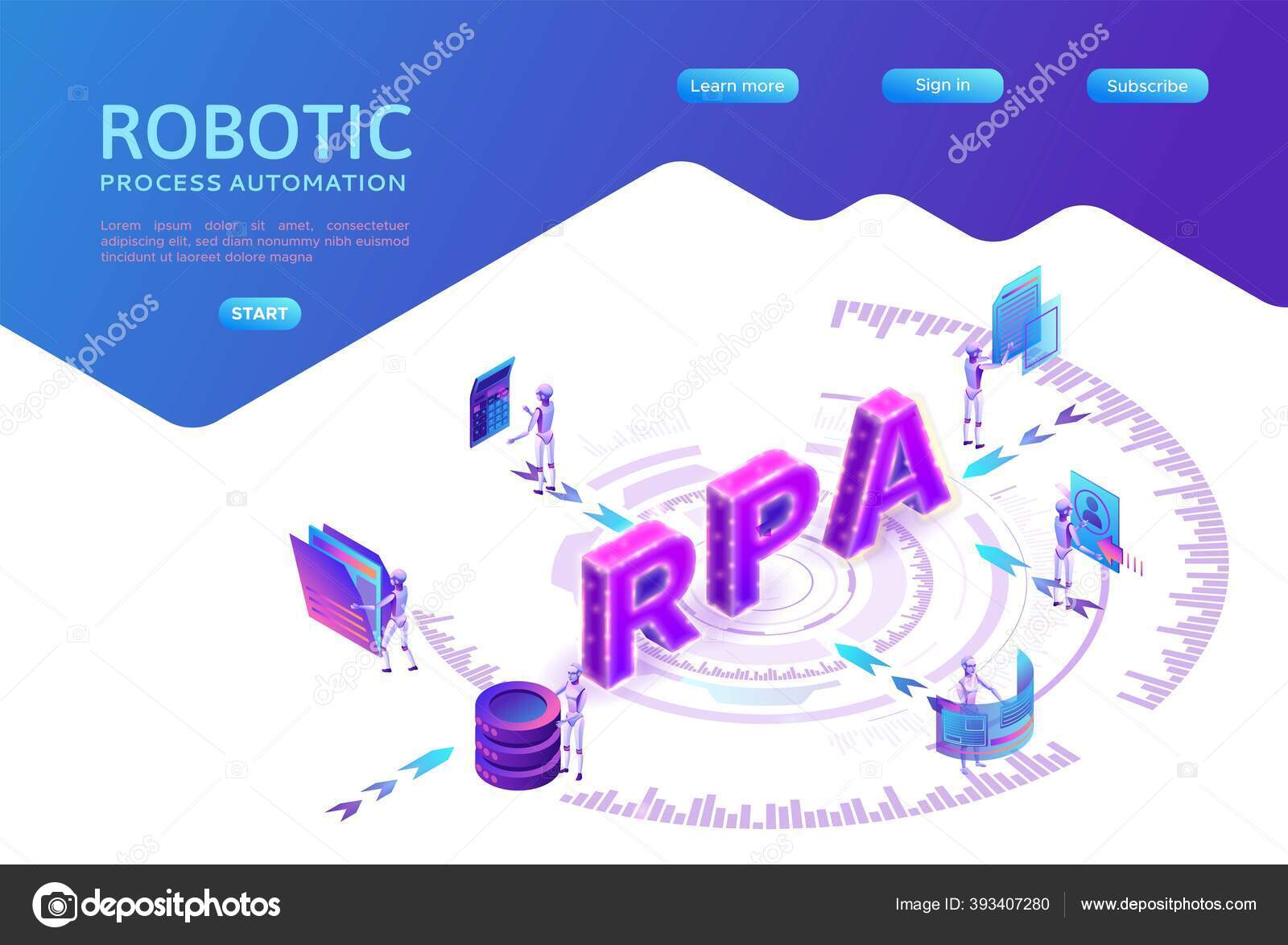 Robotic process automation concept with robots working with data, arms ...