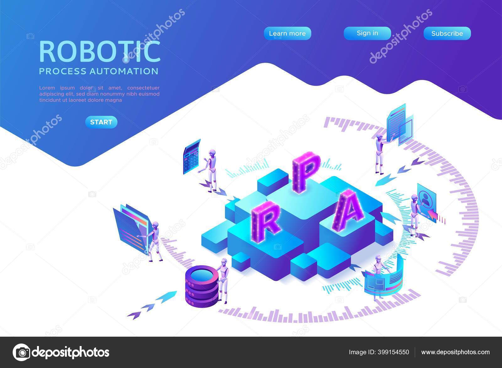 Robotic Process Automation Landing Page Template Robots Working Data ...