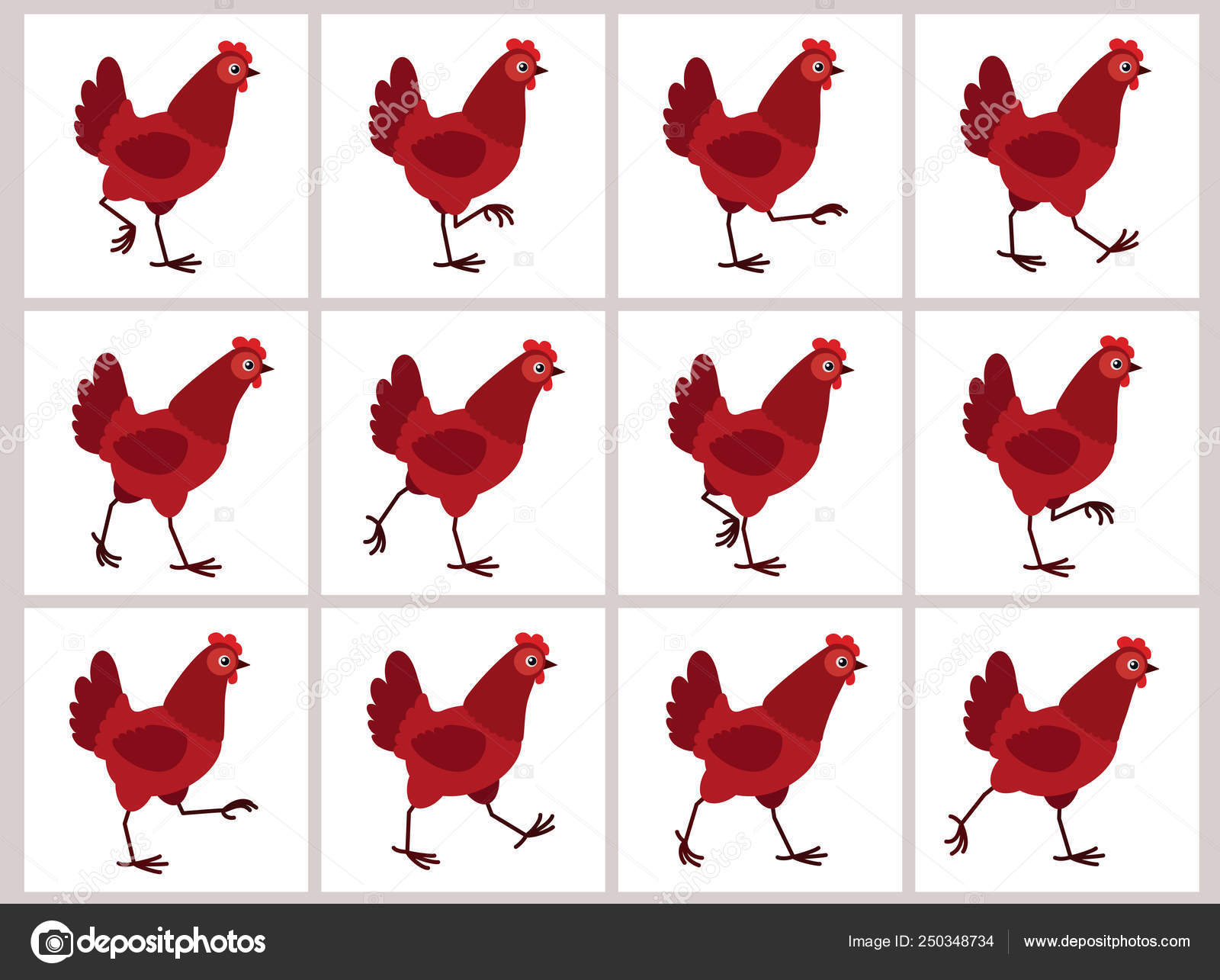 Walking red hen animation sprite sheet isolated on white background ...