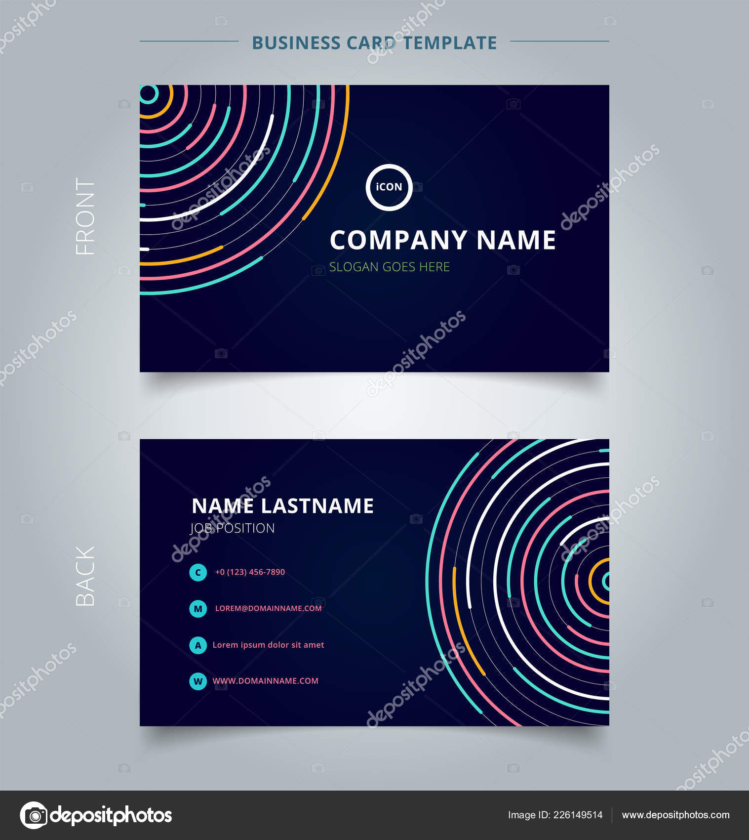 Name Card Template Abstract Colorful Lines Bright Circles Pattern Dark ...