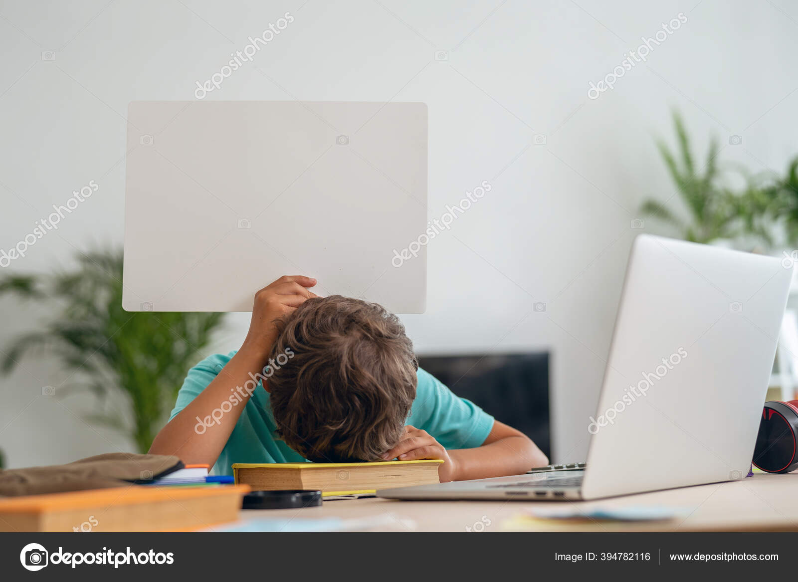 Sad Tired Disappointed Boy Sitting Table Lot Books Holding White Stock ...
