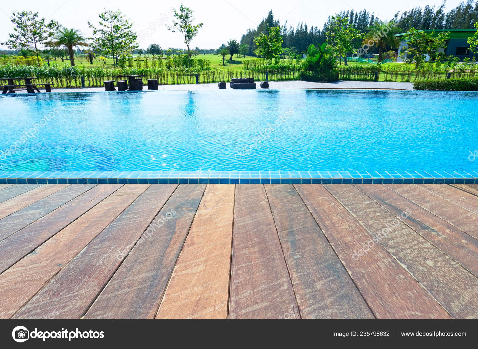 Beautiful Blue Water Swimming Pool Background Empty Wood Floor Blank ...