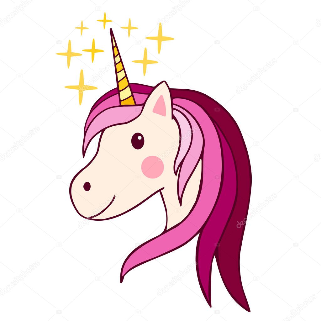 Lindo unicornio con ilustración vectorial de crin rosa. Simple línea ...