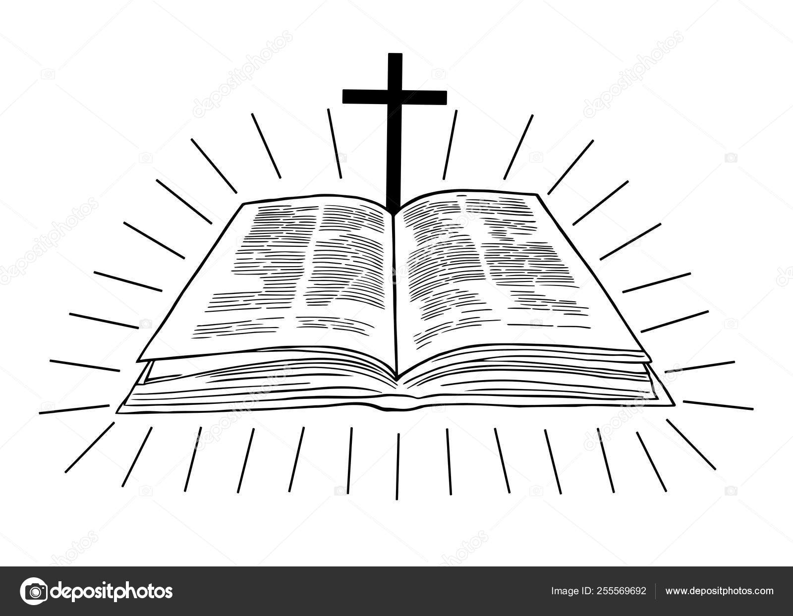 Open Bible With Cross Drawing