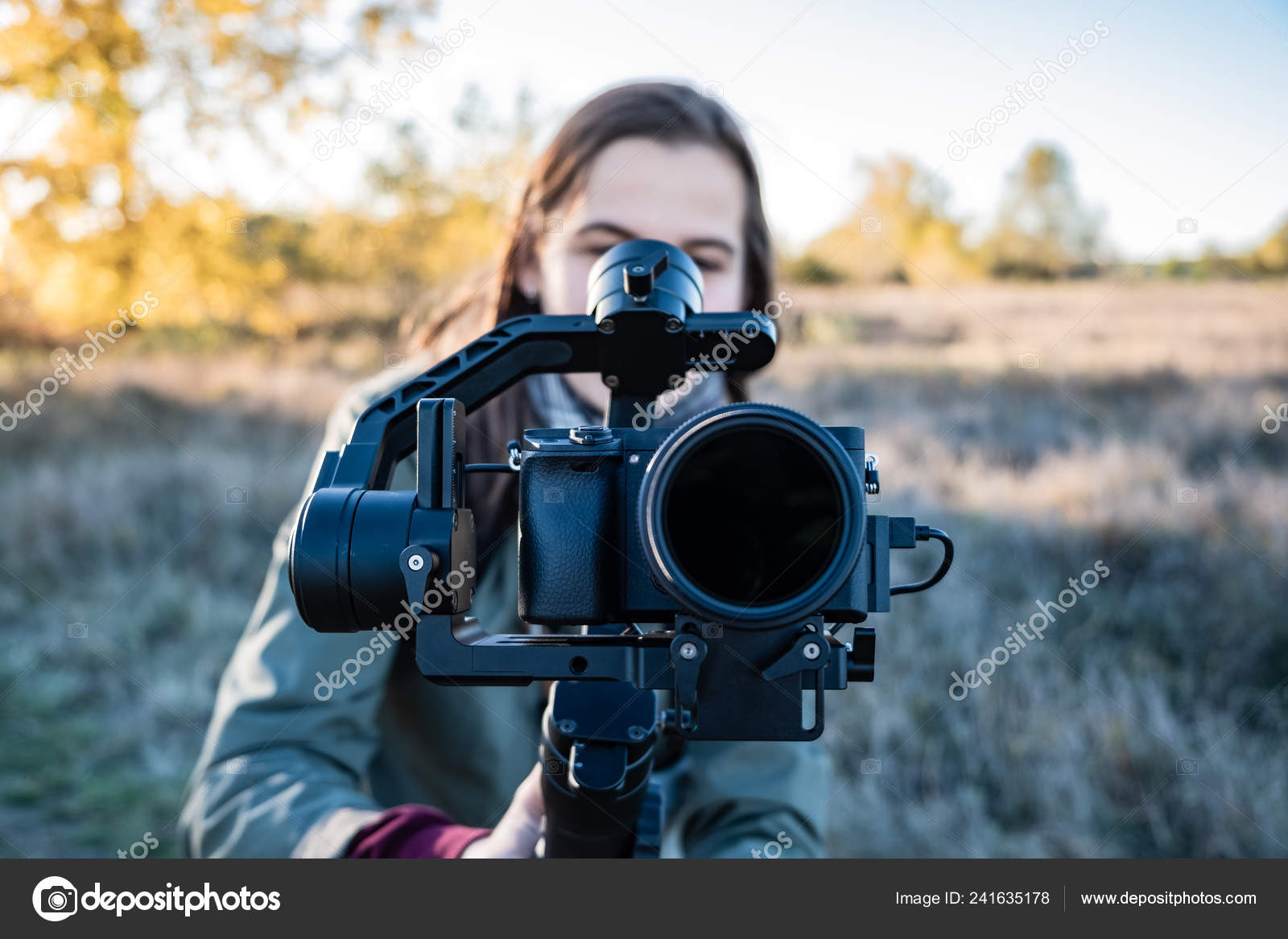 Female Videographer Holding Gimbal Mirrorless Camera Woman Stabilized ...