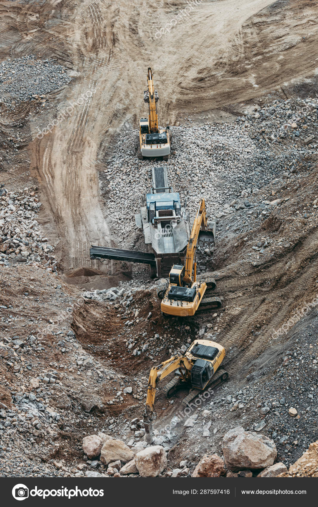 Heavy Machinery Excavators Working Quarry Loading Stone Granite Dump ...