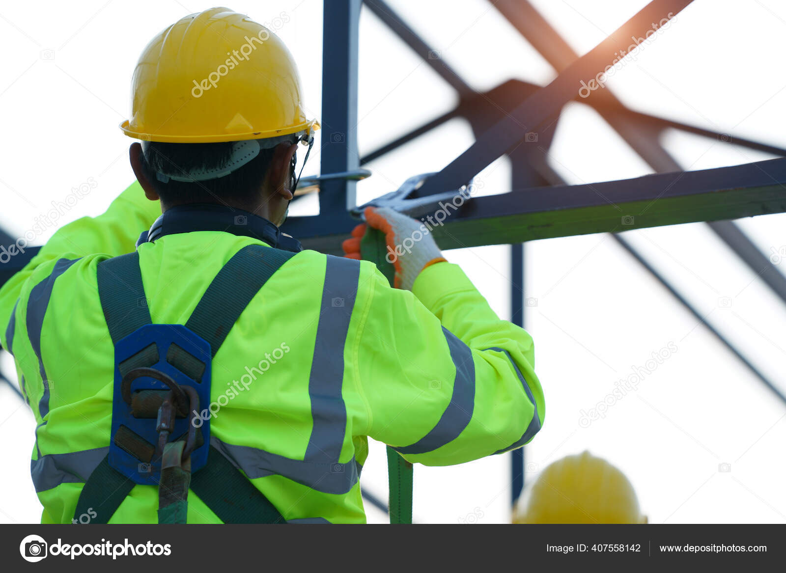 Construction Workers Wearing Safety Harness Belt Working High Place ...