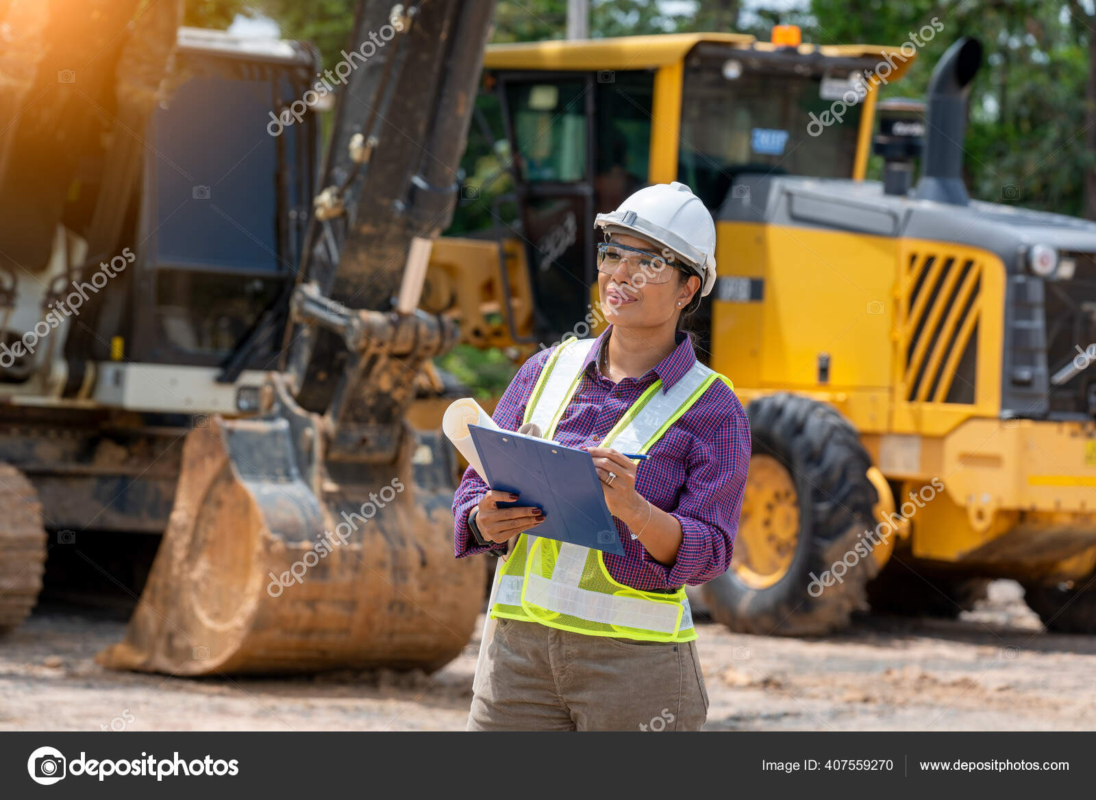 Female Engineer Worker Construction Site Outdoors Excavator Background ...