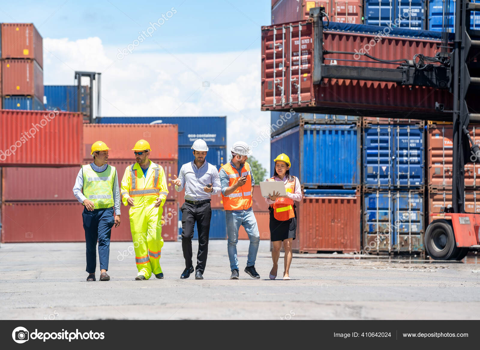 Engineer Worker Team Working Container Yard Port Import Export Business ...