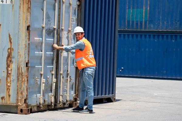 Container Worker Working Checking Container Warehouse — Stock Photo ...