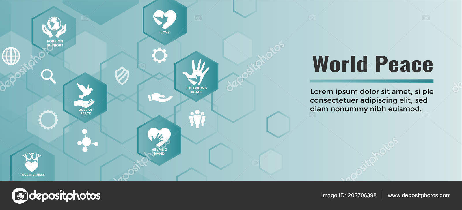 World Peace Web Header Banner Dove Globe Hand Heart Icon Stock Vector ...