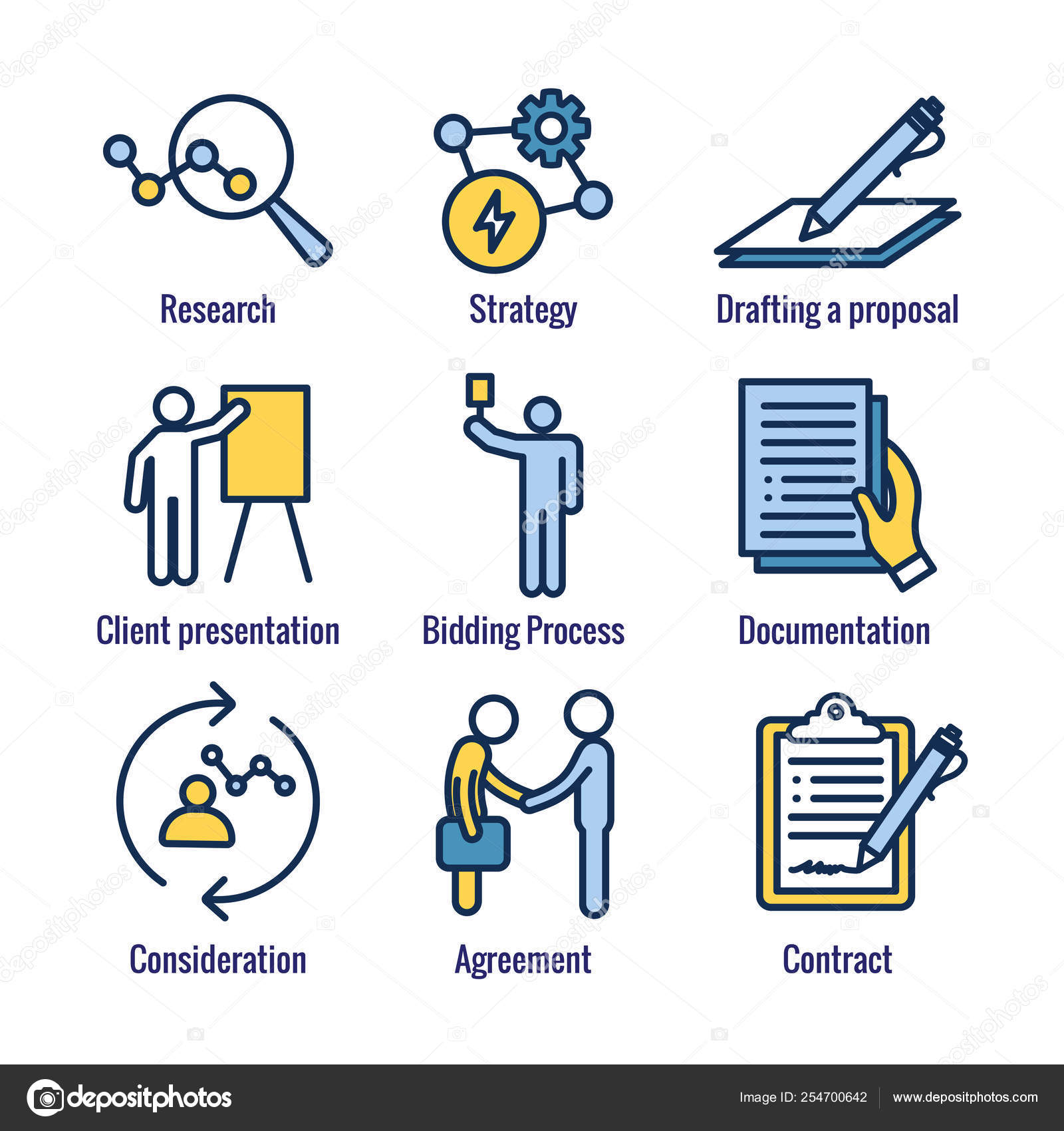 New Business Process Icon Set with Bidding Process, Proposal, Co Stock ...