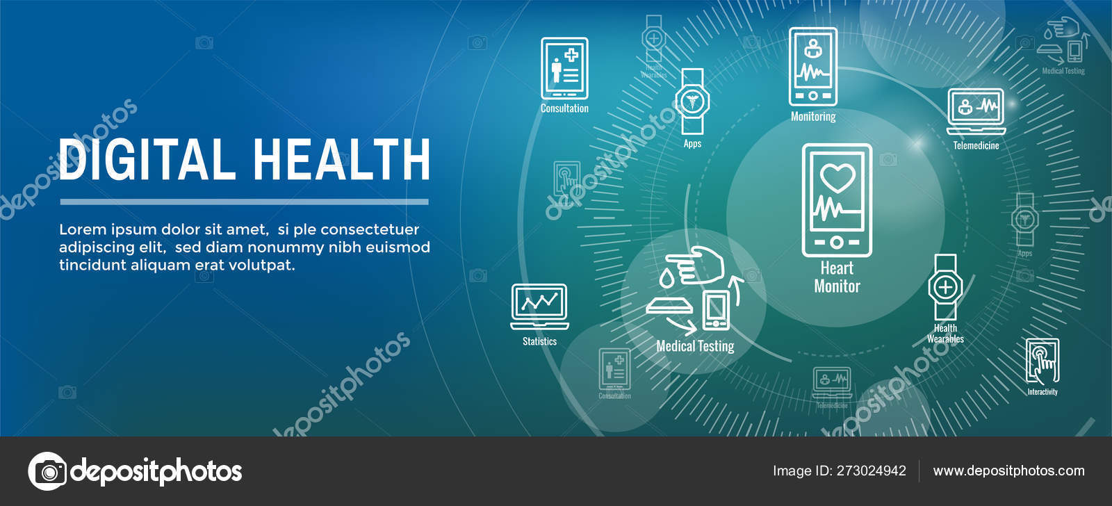 Digital Health Icon Set with Wearable Technology Web Header Bann Stock ...