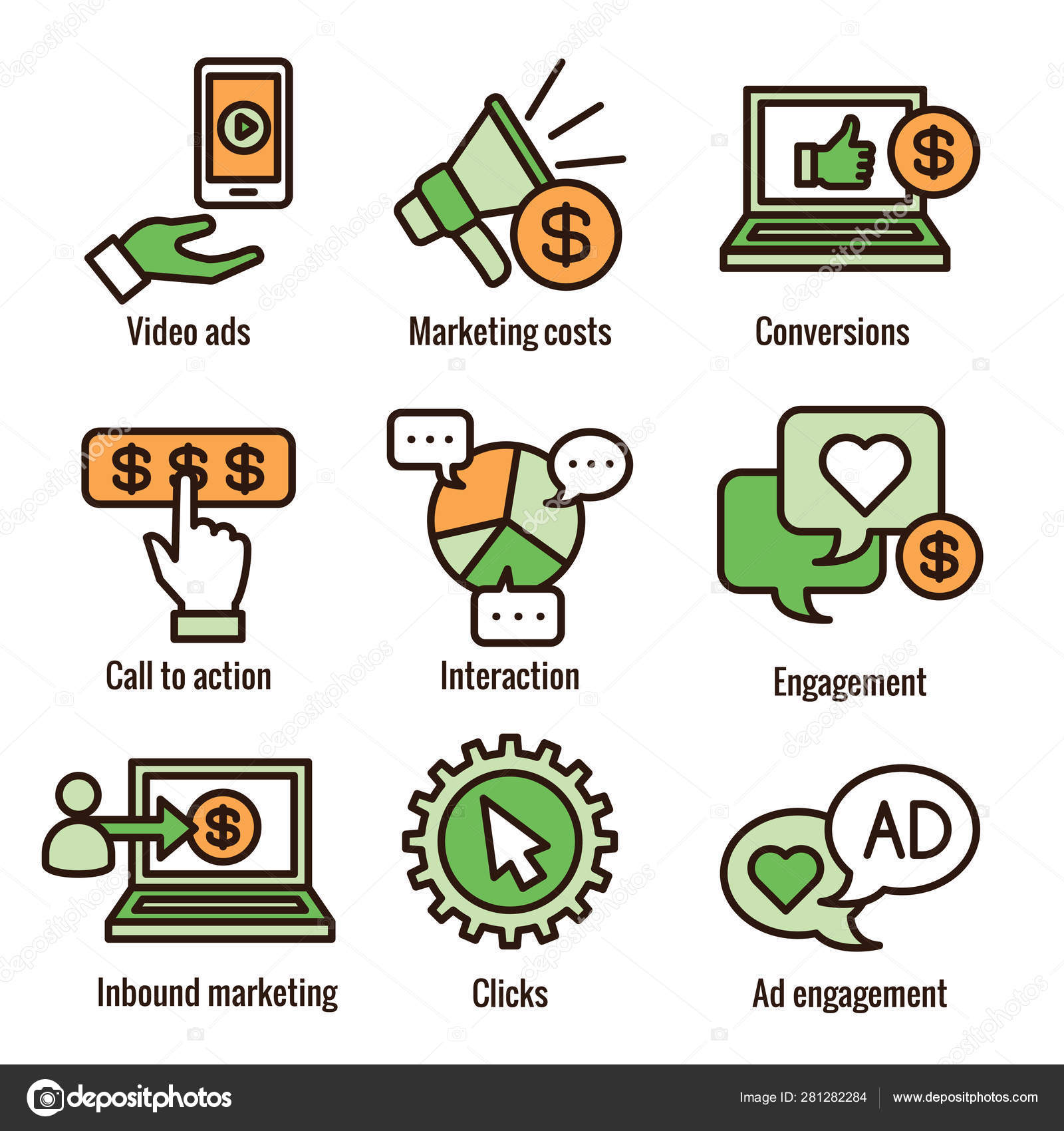 Social Media Ads Icon Set with video ads, user engagement, etc Stock ...