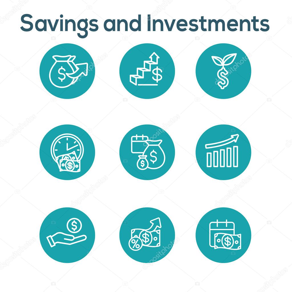 Conjunto de iconos de banca, inversiones y crecimiento con símbolos del ...