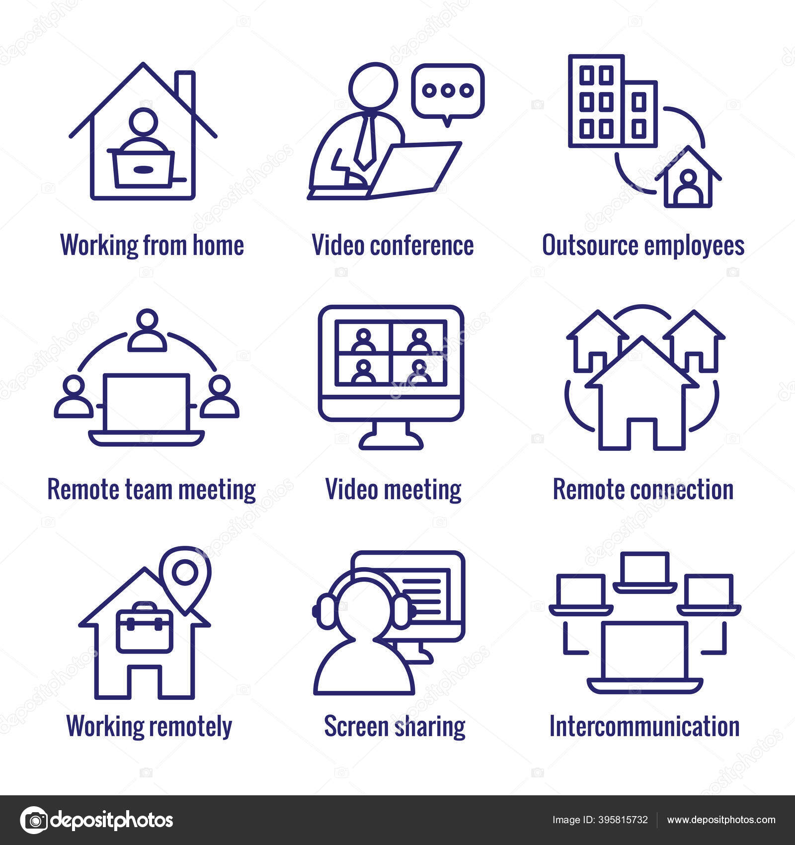 Remote Work Icon Set Work Home Video Meetings Etc Stock Vector Image by ...