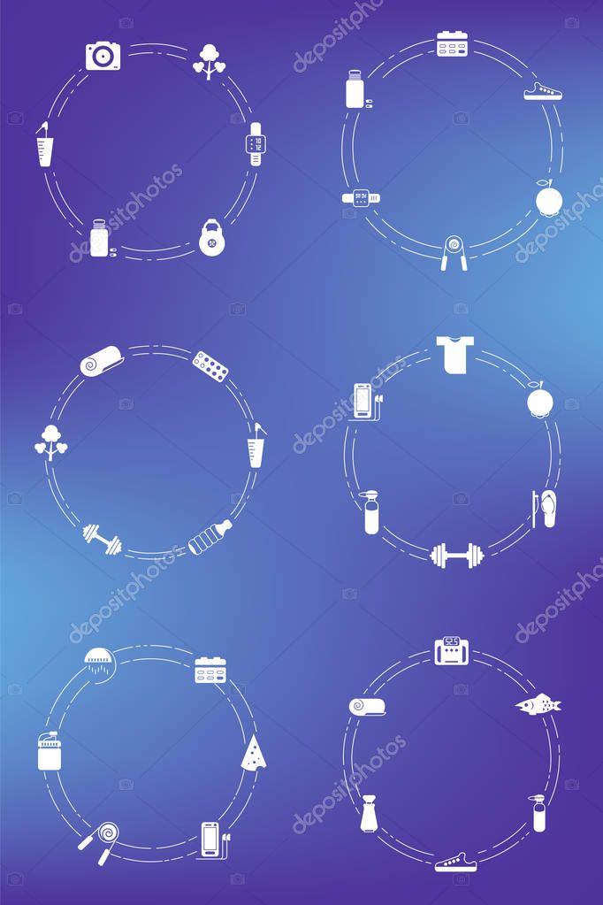 Conjunto de seis iconos de círculo plano blanco sobre el tema de estilo ...