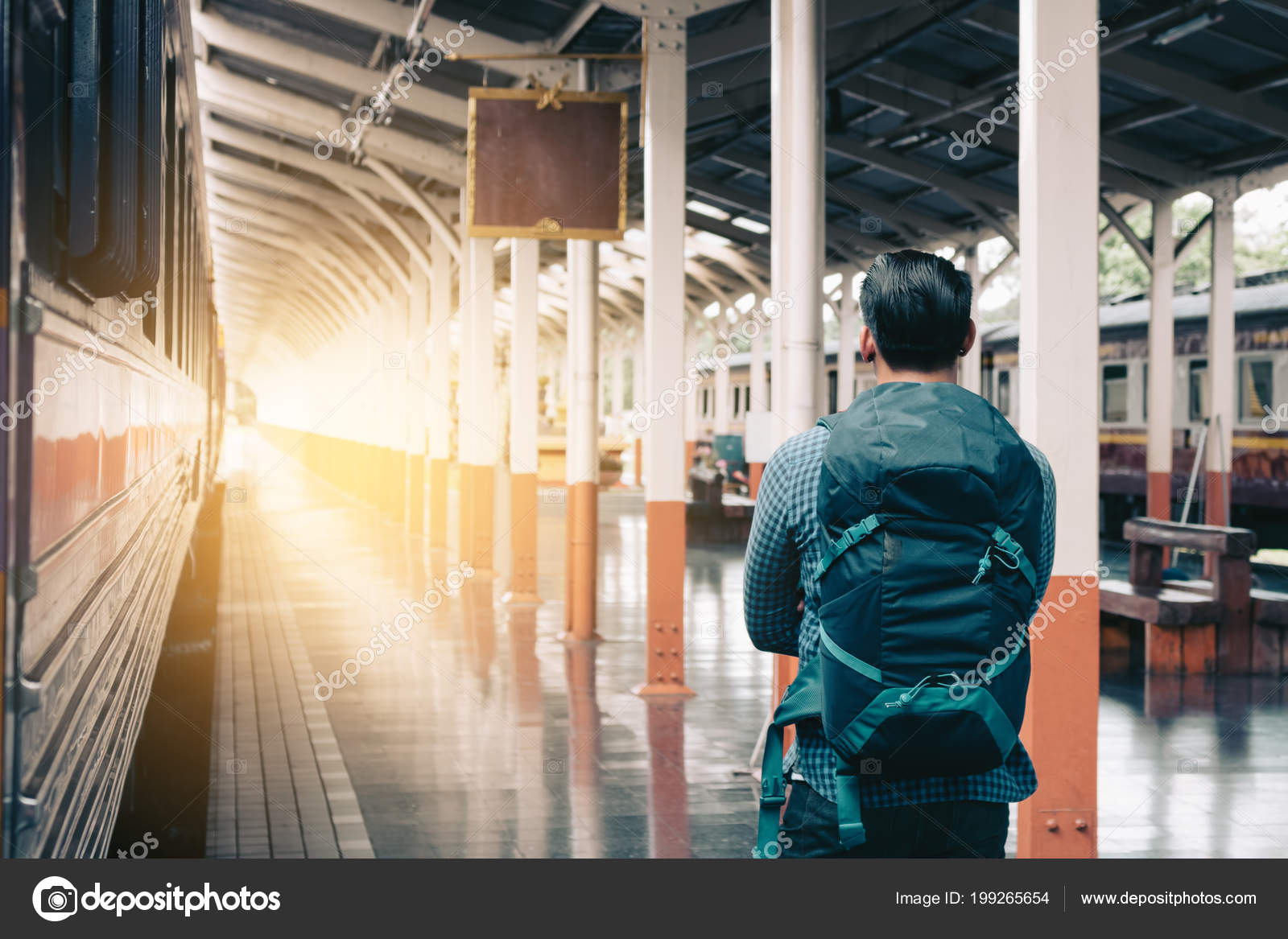 Asian Man Standing Platform Train Station Waiting Looking Future ...