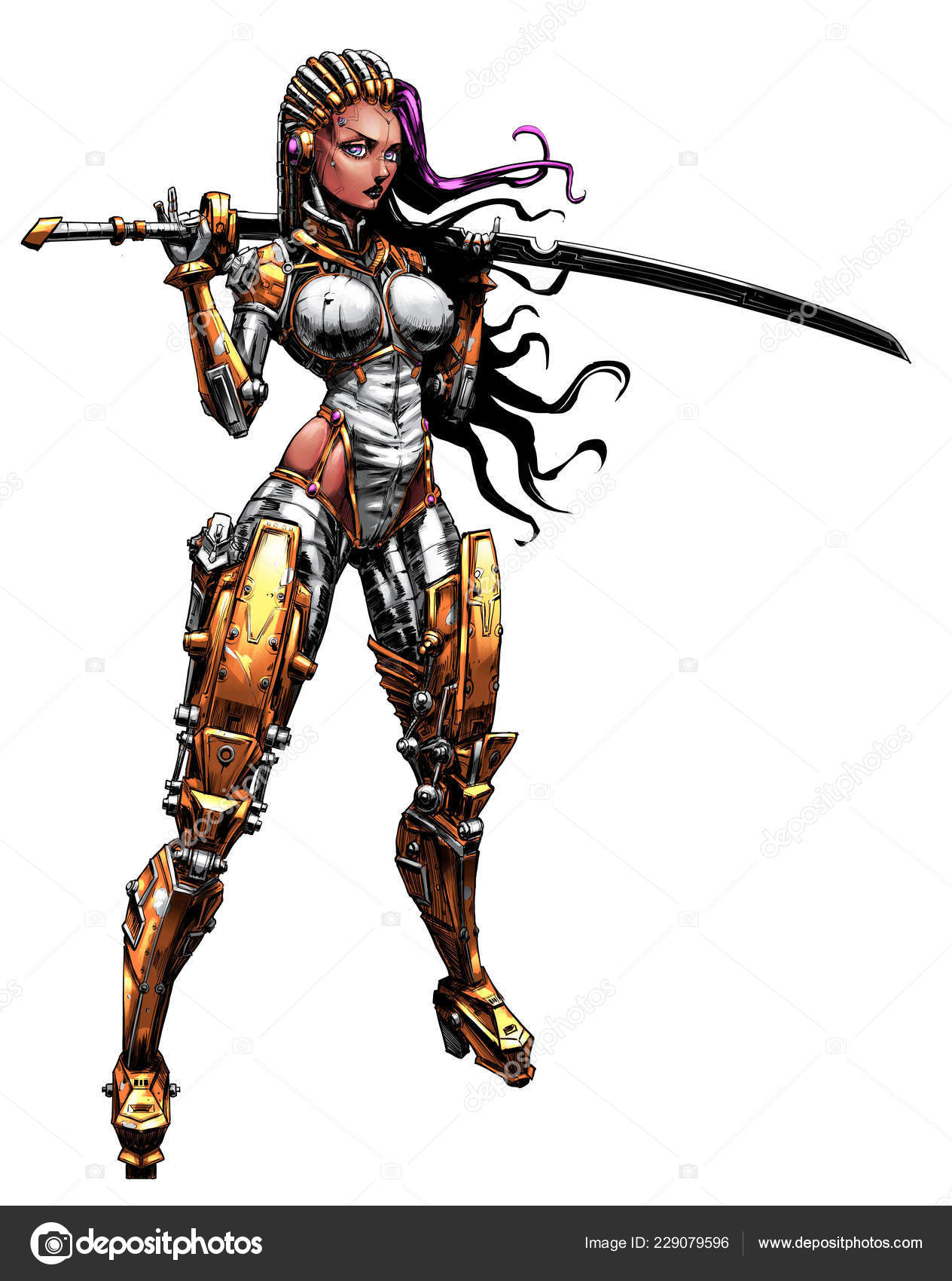 Beautiful Cyborg Girl Katana Stock Photo by ©WarmTail 229079596