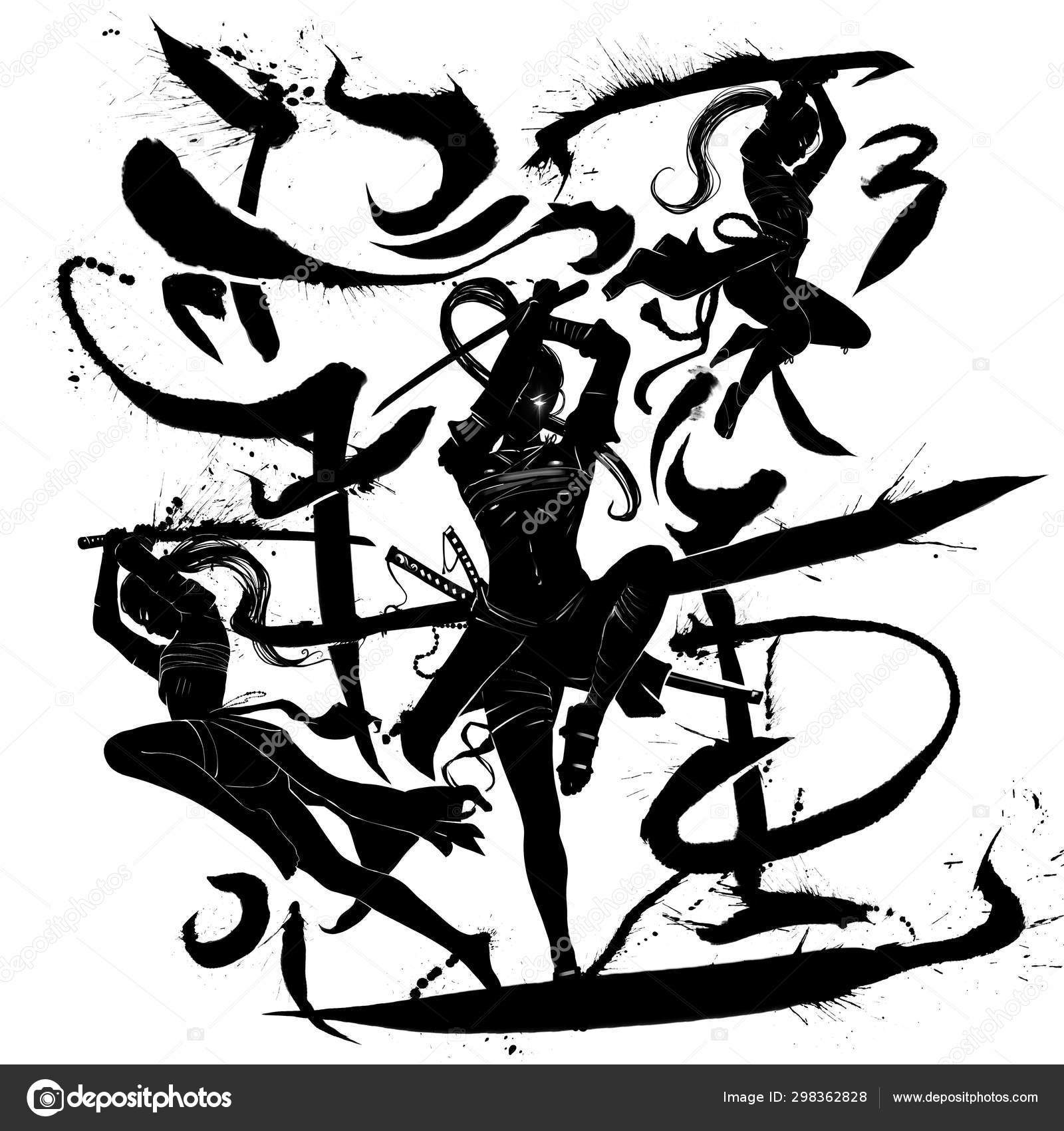 Three Female Assassins Swords Jump Attacking Different Directions ...