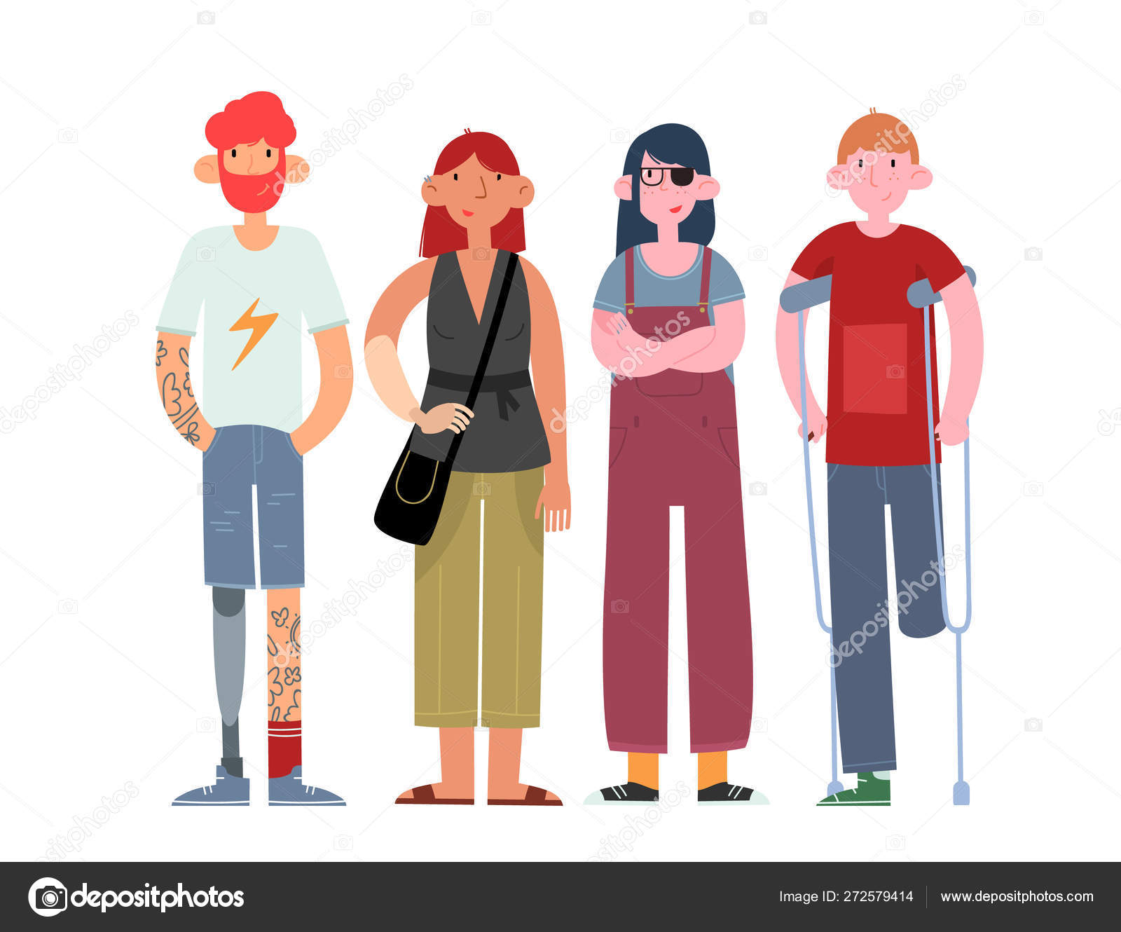 A group of young disabled people. Bionic prosthetics replacing lost ...