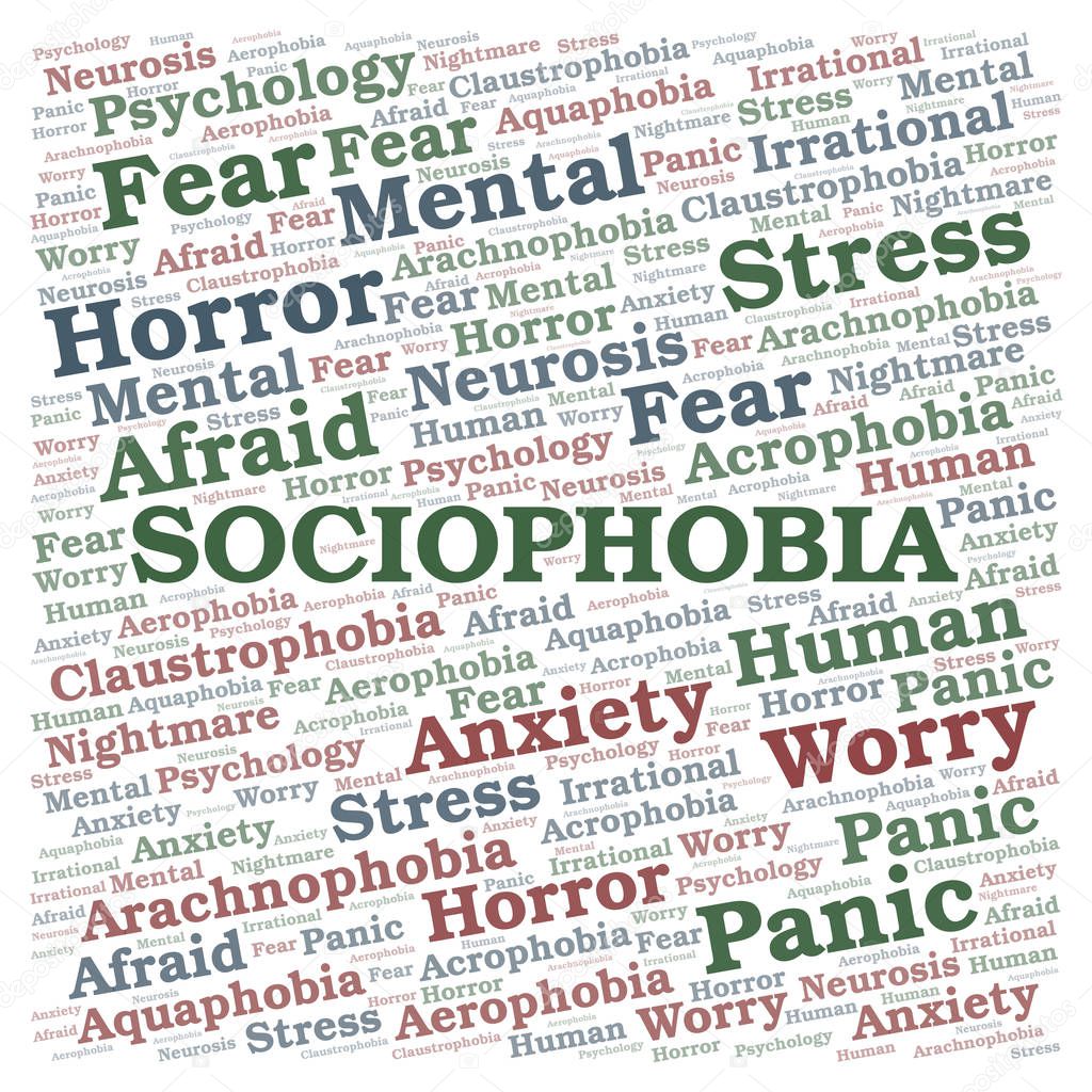 Nube de palabras de sociofobia. Wordcloud hecho solo con texto. 2023