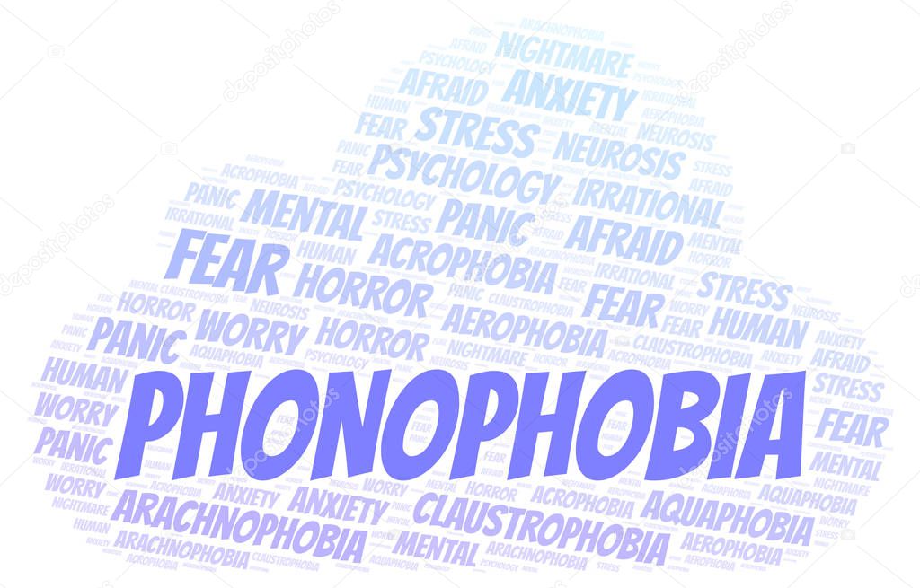 Nube de palabras fonofobia. Wordcloud hecho solo con texto. 2023
